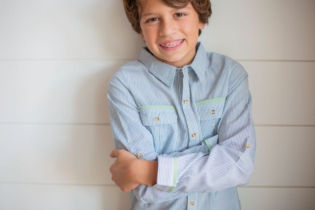 The Sea Shirt - Long Sleeve - Stripe with Green Piping – Dear Georgie